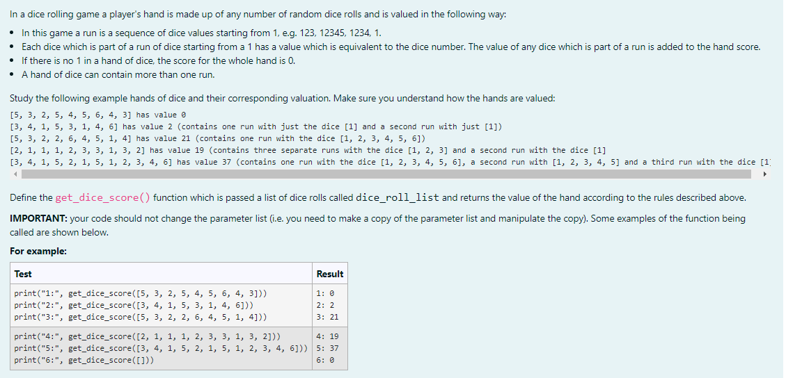 Solved 1 def get_dice_score(dice_roll_list): 2 score | Chegg.com