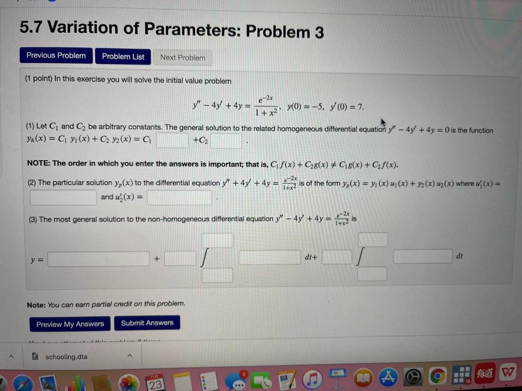 Solved 5.7 Variation of Parameters: Problem 3 Previous | Chegg.com