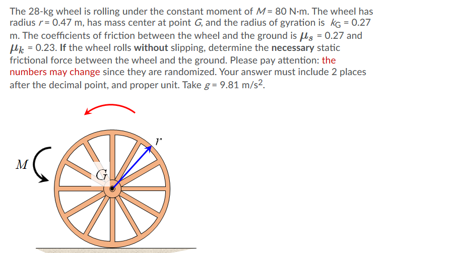 Solved The 28-kg wheel is rolling under the constant moment | Chegg.com