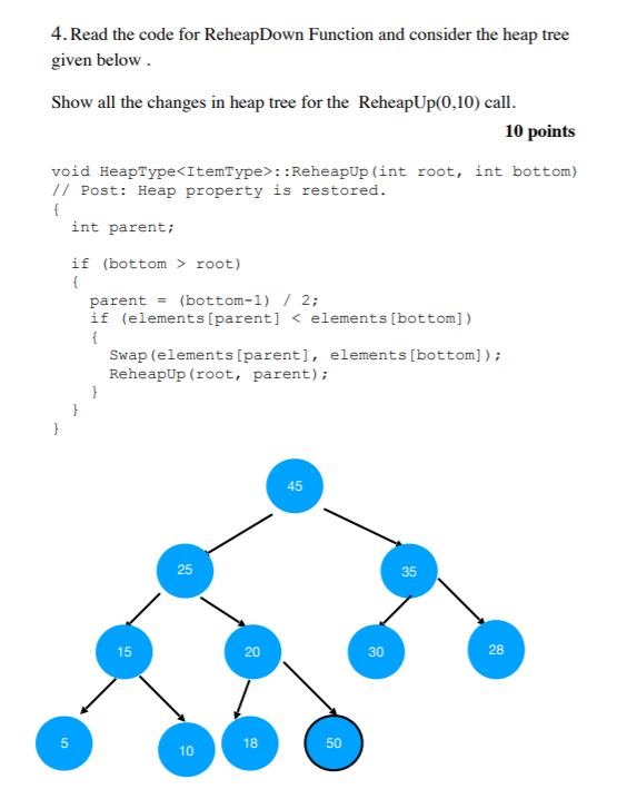 Solved 4. Read the code for ReheapDown Function and consider | Chegg.com