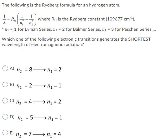 Solved The following is the Rydberg formula for an hydrogen | Chegg.com