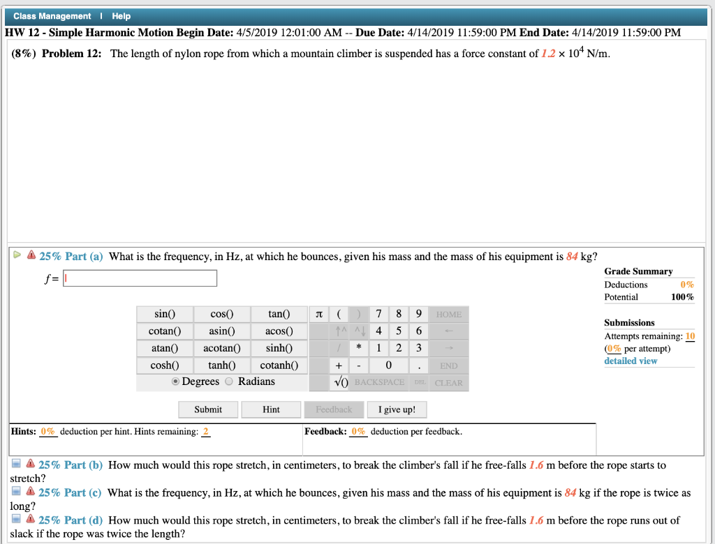 Solved Class Management Help HW 12 - Simple Harmonic Motion | Chegg.com