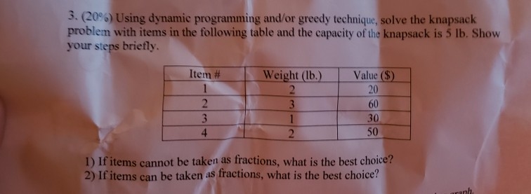 Solved 3. (20%) Using dynamic programming and/or greedy | Chegg.com