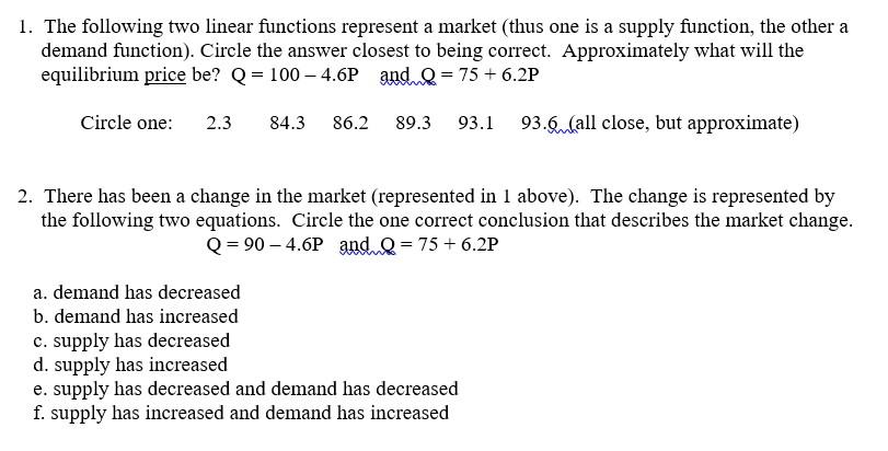 Solved 1. The following two linear functions represent a | Chegg.com