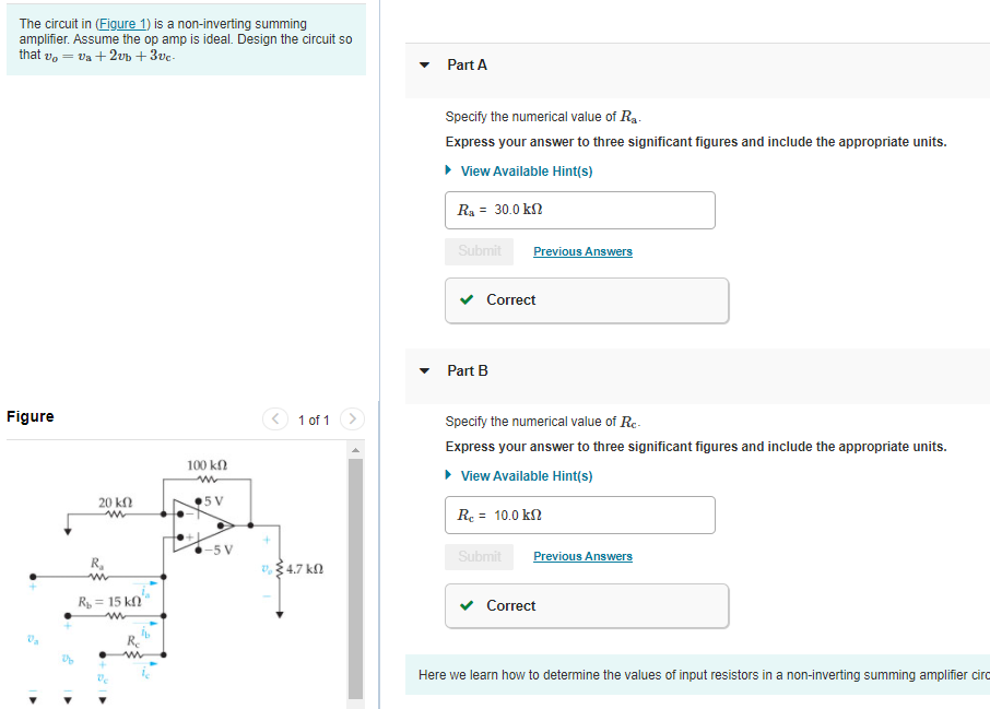 Solved The circuit in (Figure 1) is a non-inverting summing | Chegg.com