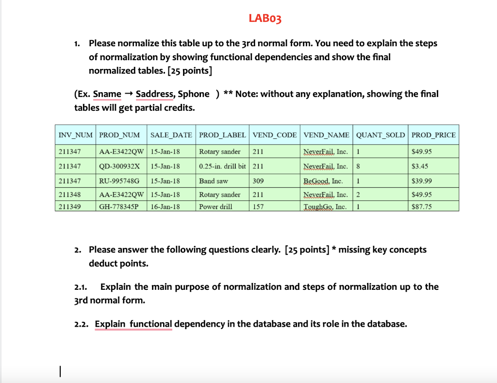 Solved LABO3 1. Please normalize this table up to the 3rd | Chegg.com