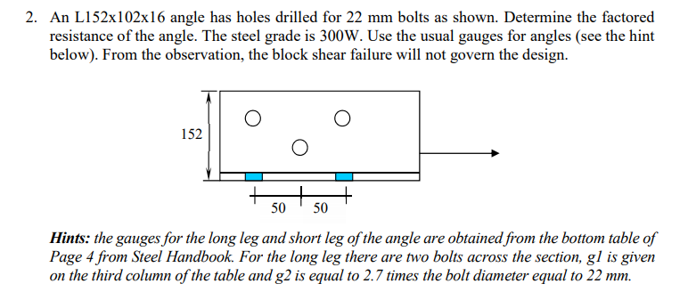 Solved 2. An L152x102x16 angle has holes drilled for 22 mm | Chegg.com