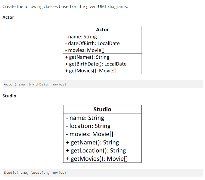 Solved Create the following classes based on the given UML | Chegg.com