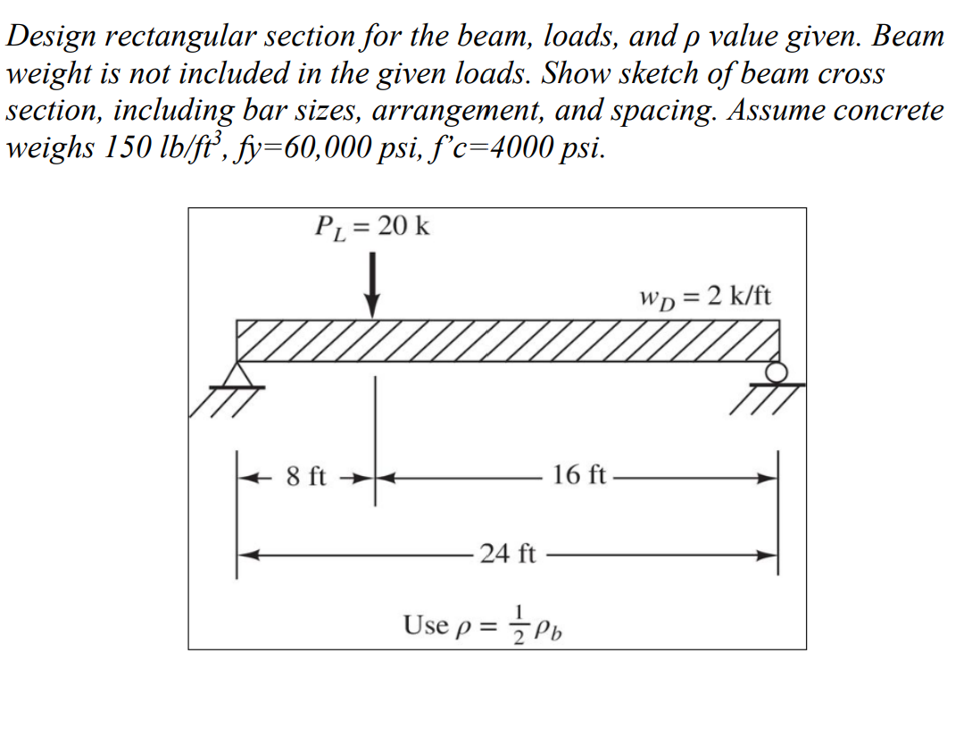 Solved Design rectangular section for the beam, loads, and ρ | Chegg.com