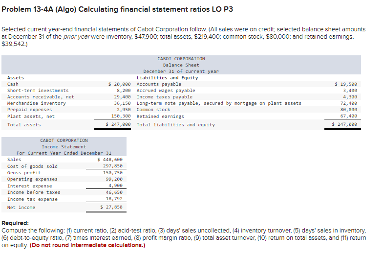 Solved Problem 13-4A (Algo) Calculating financial statement | Chegg.com Solved Problem 13-4A (Algo) Calculating financial statement | Chegg.com