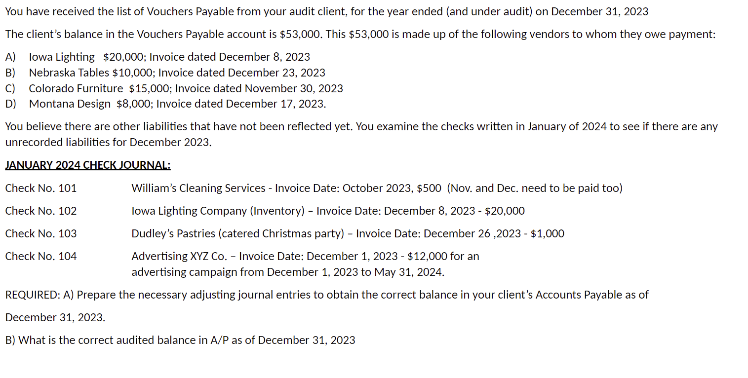 Solved You have received the list of Vouchers Payable from | Chegg.com