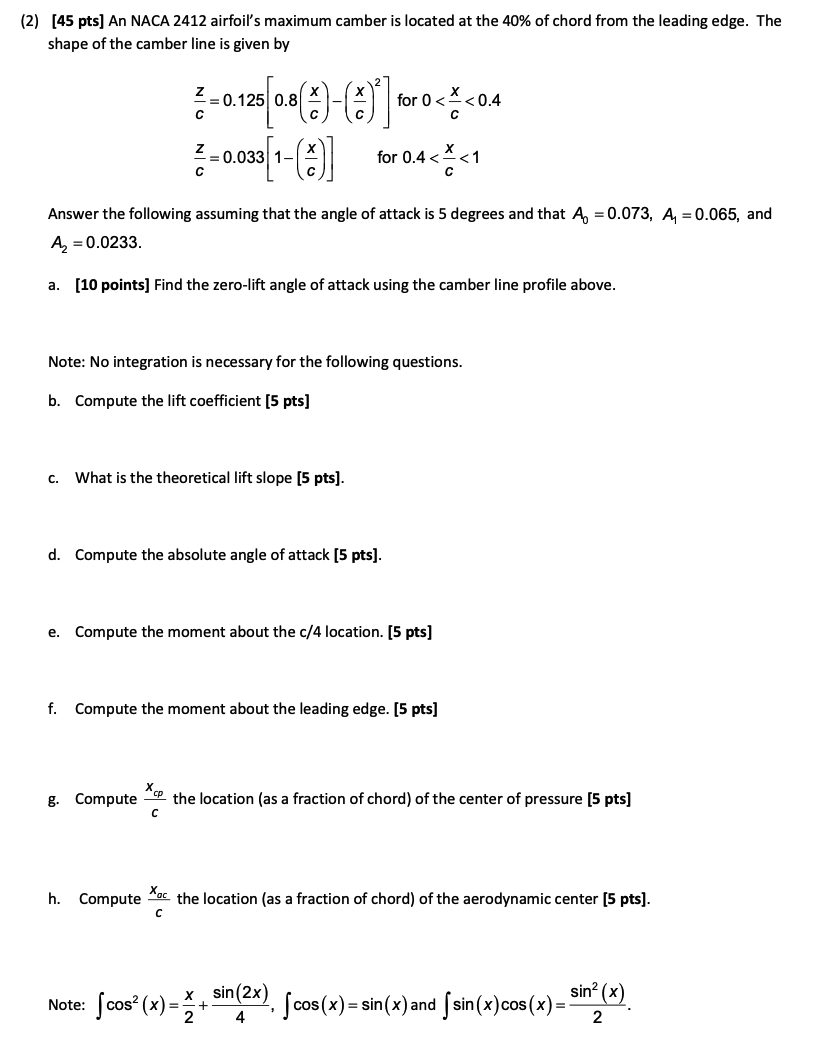 Solved (2) (45 pts) An NACA 2412 airfoil's maximum camber is | Chegg.com