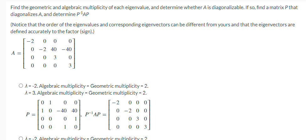 Solved Find the geometric and algebraic multiplicity of each | Chegg.com