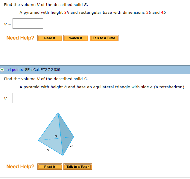 Solved Find the volume V of the described solid S A pyramid | Chegg.com