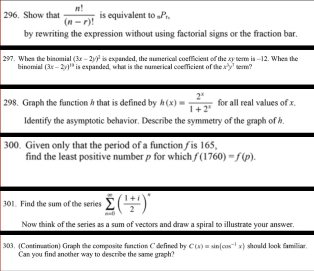 Solved 296. Show that (n−r)!n! is equivalent to nPr, by | Chegg.com