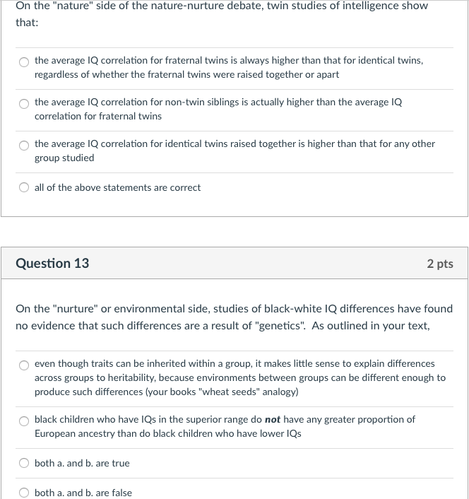 Solved On the "nature" side of the nature-nurture debate, | Chegg.com