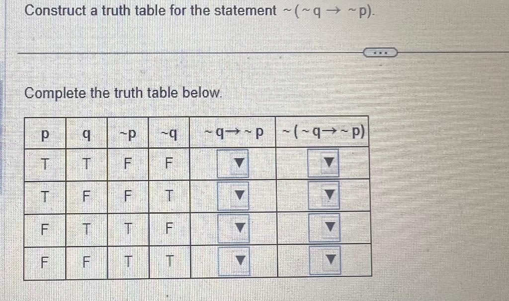 Solved Construct a truth table for the statement ∼(∼q→∼p). | Chegg.com