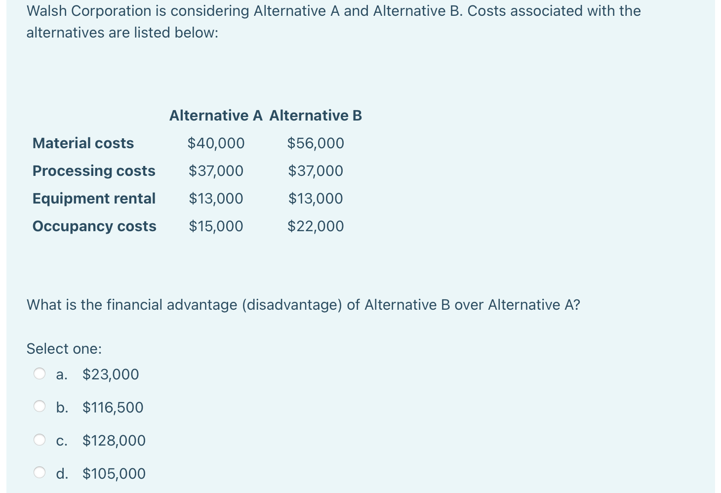 Solved Walsh Corporation is considering Alternative A and | Chegg.com