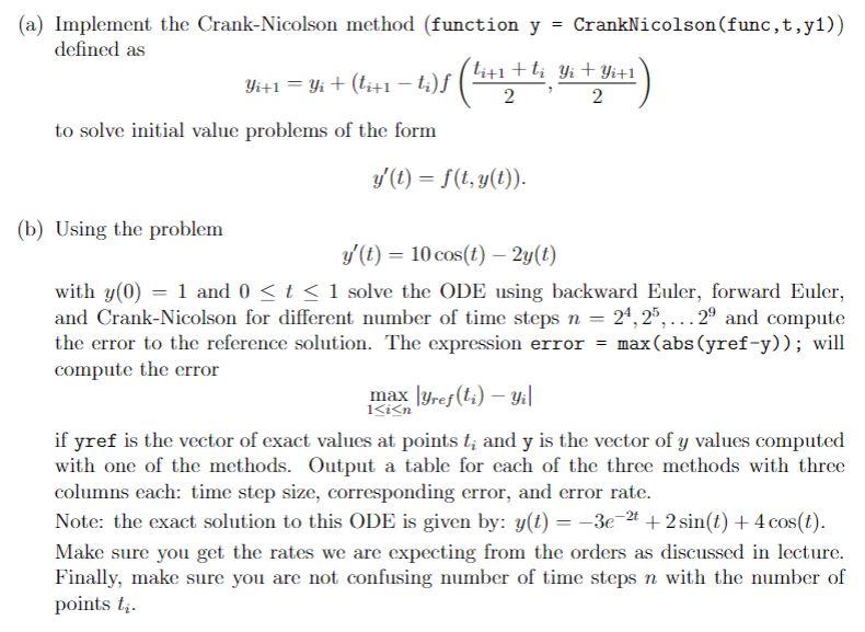 Solved (a) Implement the Crank-Nicolson method (function y = | Chegg.com