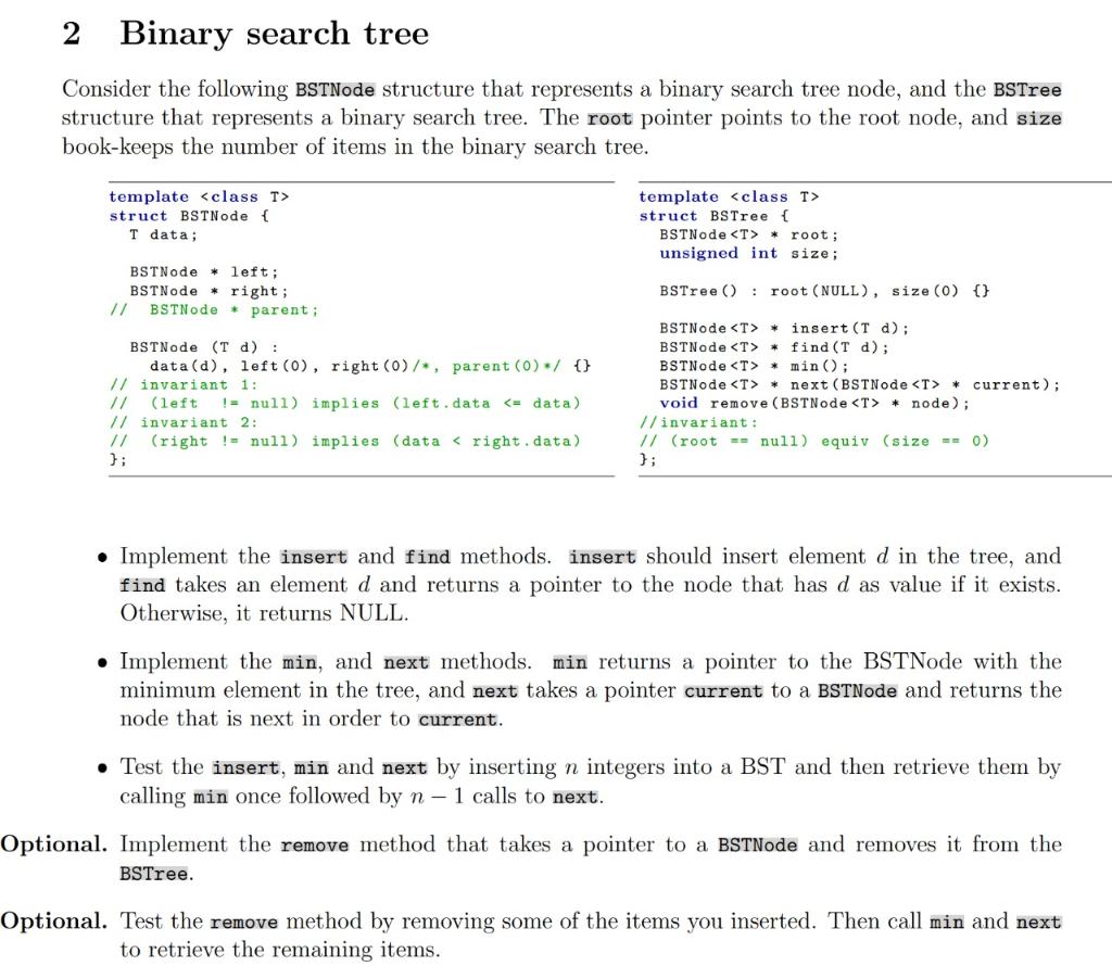 Solved 2 Binary Search Tree Consider The Following Bstnode 