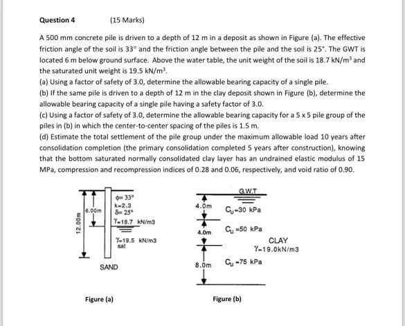 Solved Question 4(15 ﻿Marks)A 500mm ﻿concrete pile is driven | Chegg.com