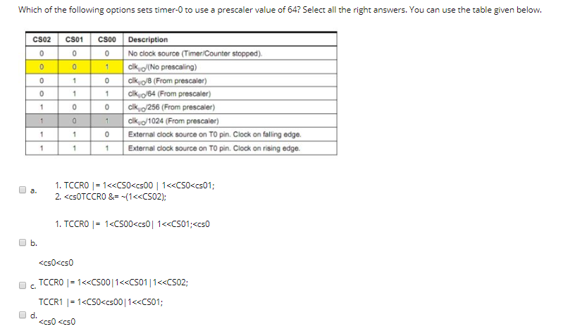 Which of the following options sets timer-O to use a | Chegg.com