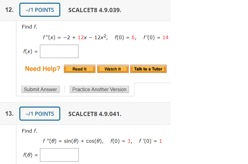 Solved -/1 POINTS SCALCET8 4.9.039. Find f. f"(x) = -2 + 12x | Chegg.com