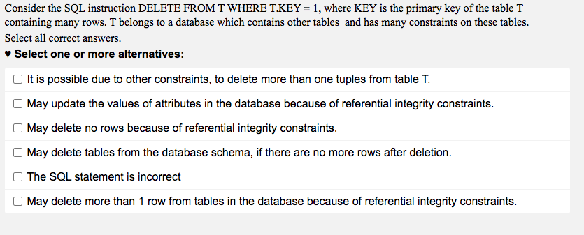 Solved Consider the SQL instruction DELETE FROM T WHERE | Chegg.com
