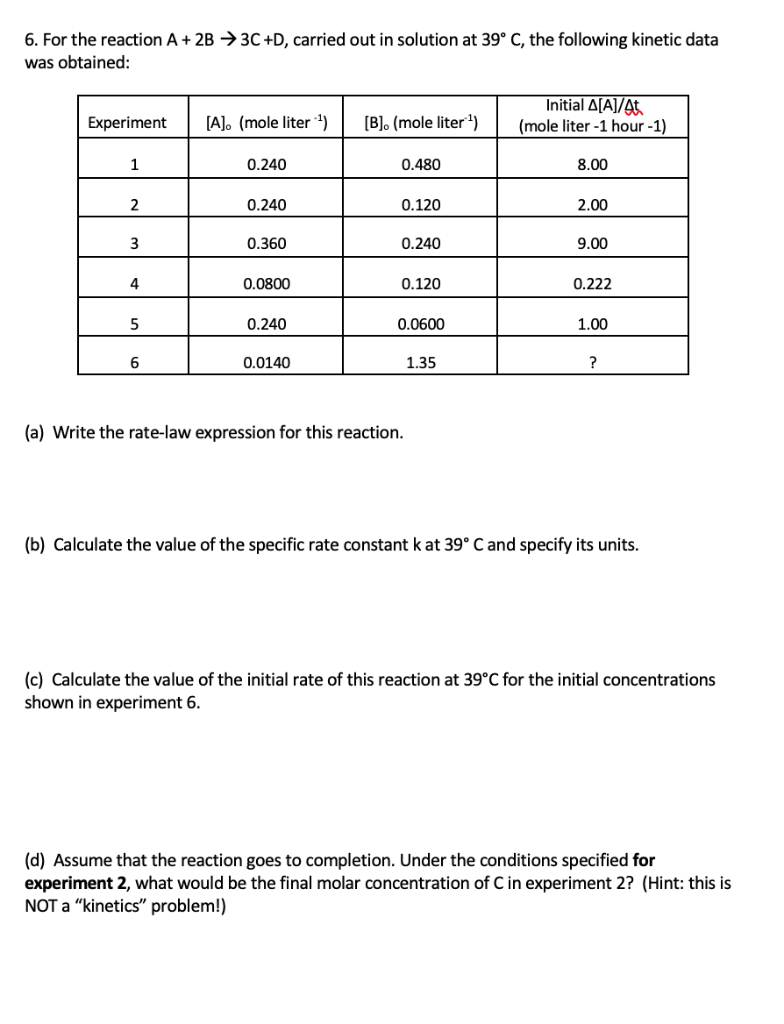 Solved 6. For the reaction A + 2B 3C +D, carried out in | Chegg.com