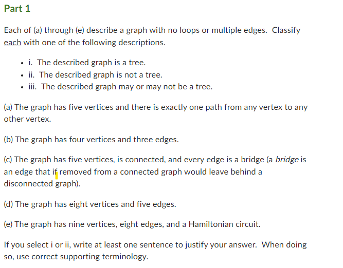 [Solved]: Each of (a) through (e) describe a graph with no
