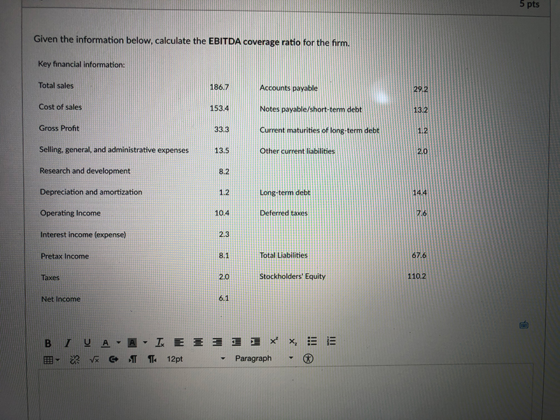 Solved 5 pts Given the information below, calculate the | Chegg.com