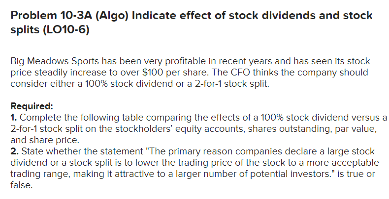 Solved Problem 10-3A (Algo) Indicate effect of stock | Chegg.com