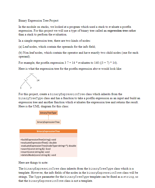 Solved Binary Expression Tree Project In the module on | Chegg.com