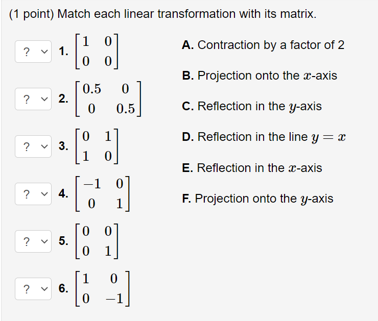 Solved (1 point) Match each linear transformation with its | Chegg.com