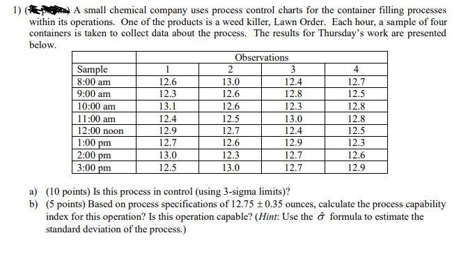 Solved 1) (UA) A small chemical company uses process control | Chegg.com