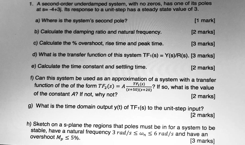Solved 1. A second-order underdamped system, with no zeros, | Chegg.com