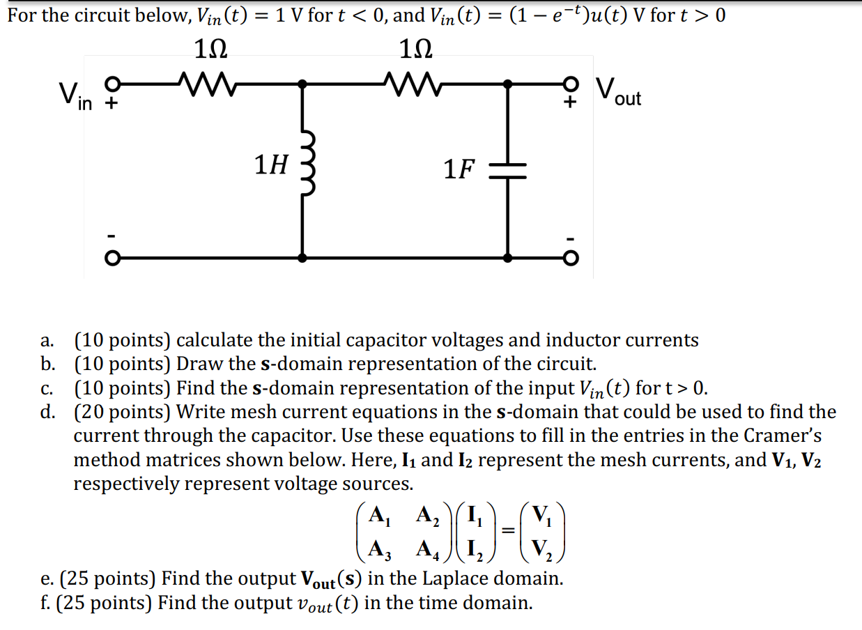 Solved For the circuit below, Vin(t)=1 V for t