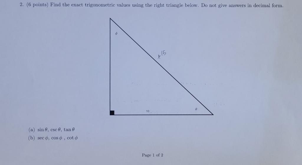 2. (6 points) Find the exact trigonometric values | Chegg.com