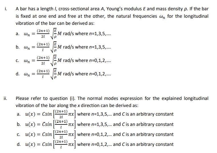 Solved i. A bar has a length I, cross-sectional area A, | Chegg.com