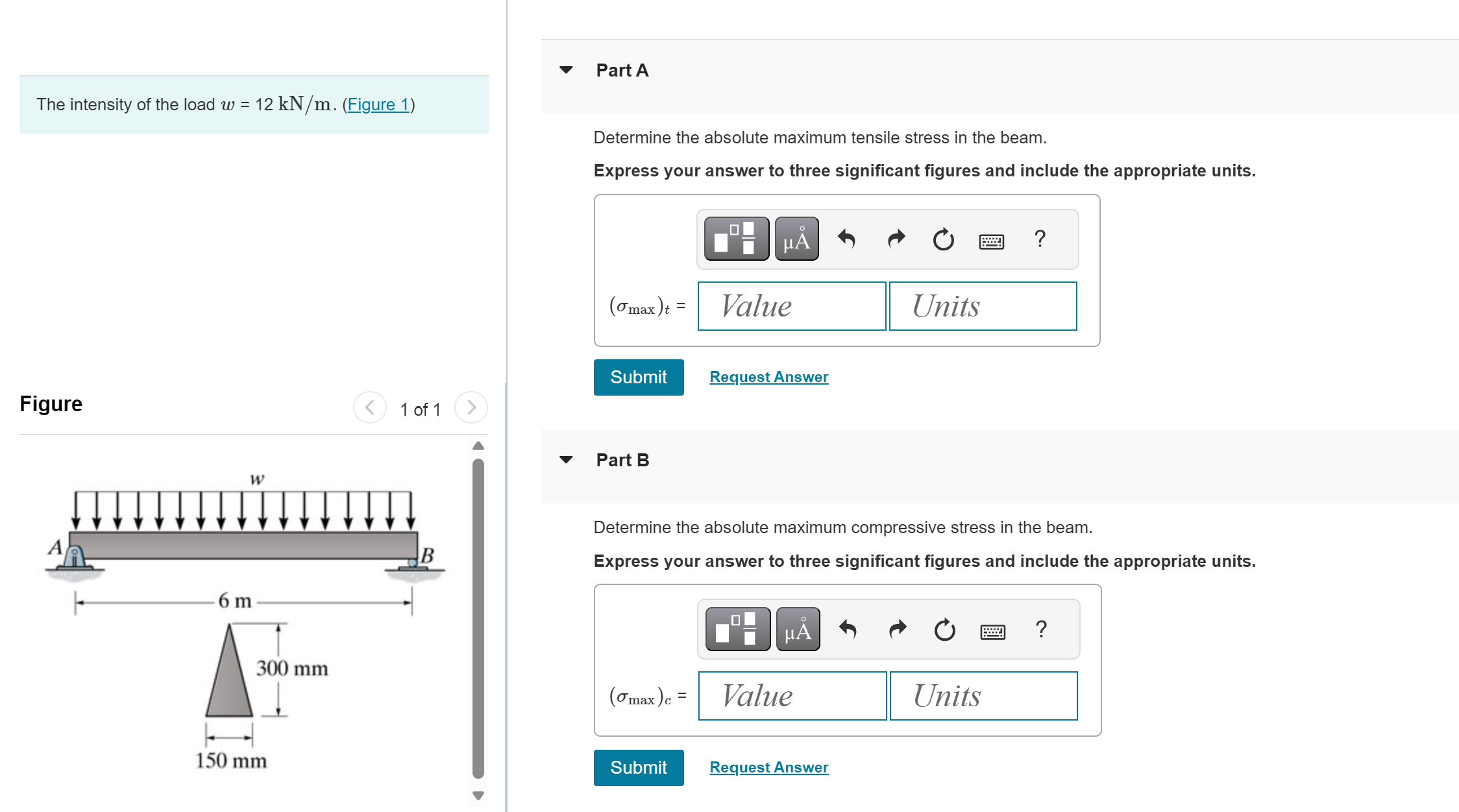 Solved The intensity of the load w=12kN/m. Determine the | Chegg.com