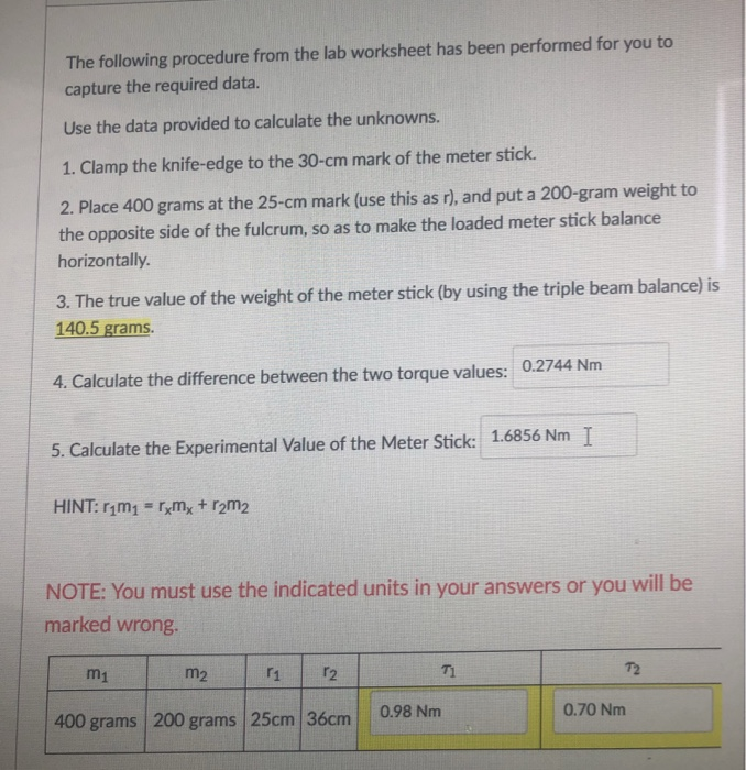 Solved how to calculate experimental value of meterstick? I | Chegg.com