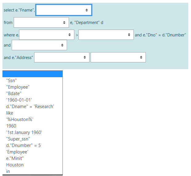Solved select e."name", from -e, "Department" d where e and | Chegg.com