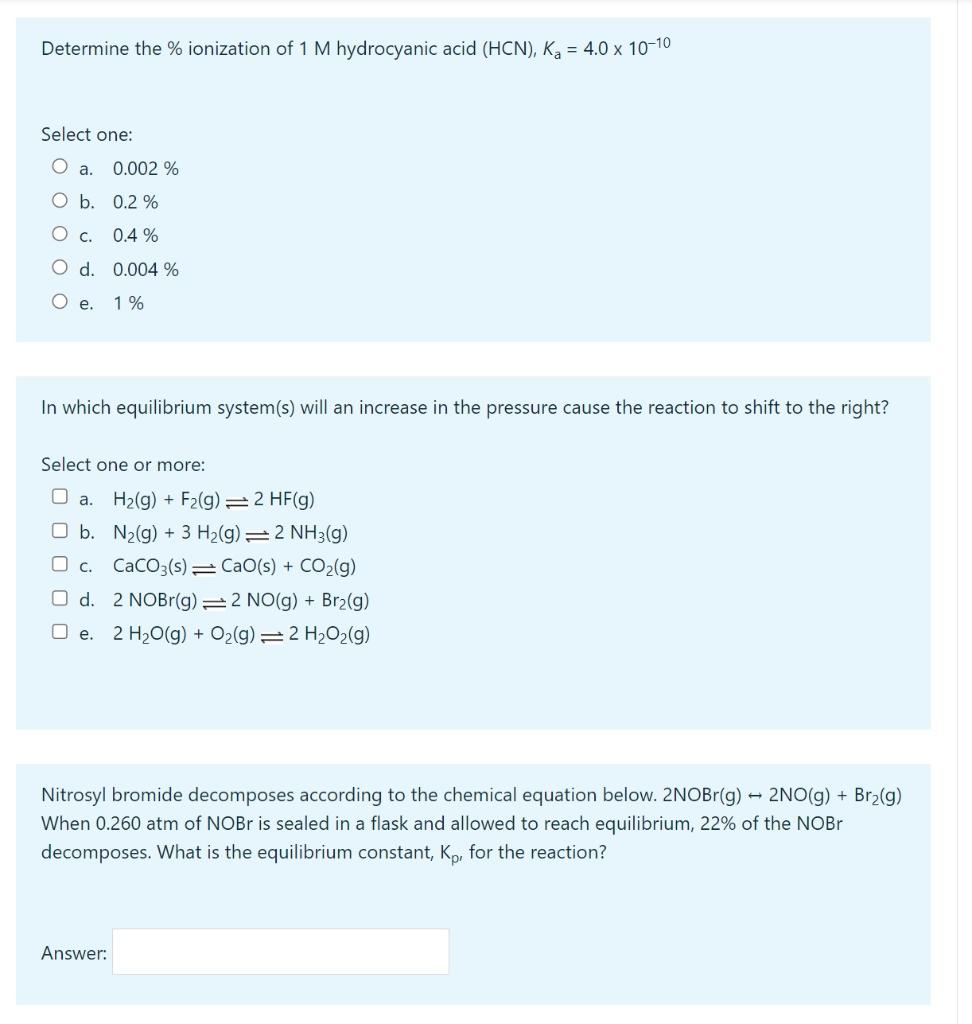 Solved Determine the % ionization of 1 M hydrocyanic acid | Chegg.com