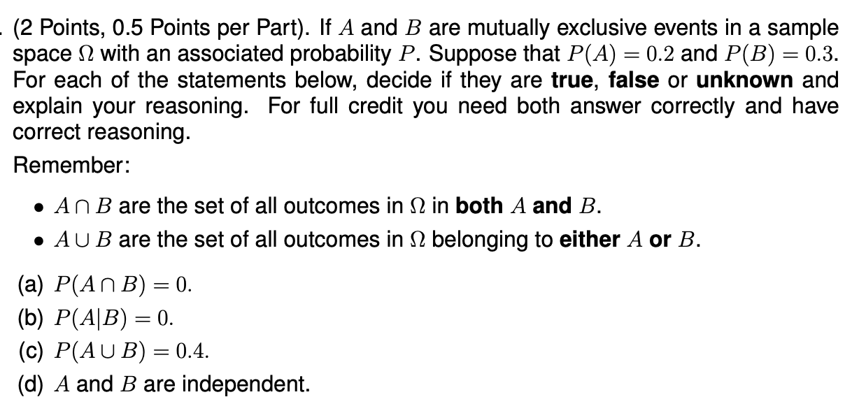 Solved (2 Points, 0.5 Points per Part). If A and B are | Chegg.com