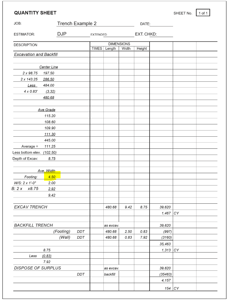 Solved QUANTITY SHEET SHEET No. 1 of 1 JOB: Trench Example 2 | Chegg.com