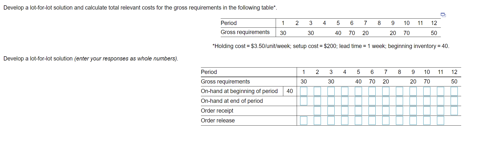 Solved Develop a lot-for-lot solution and calculate total | Chegg.com