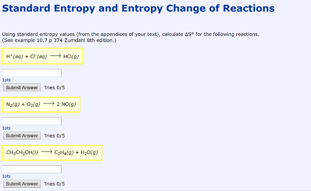 Solved Standard Entropy and Entropy Change of Reactions | Chegg.com