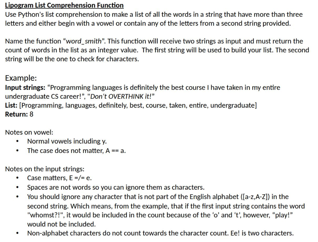 Solved Lipogram List Comprehension Function Use Python's | Chegg.com