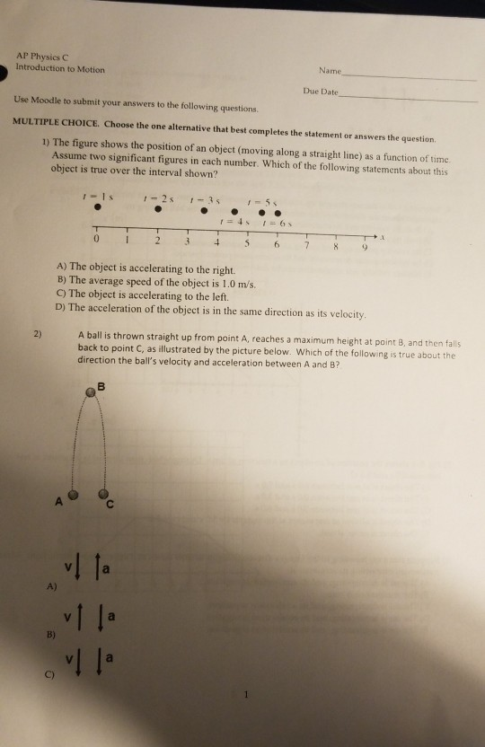 Solved AP Physics C Introduction to Motion Name Due Date Use | Chegg.com