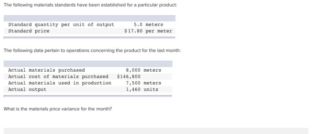Solved The following materials standards have been | Chegg.com